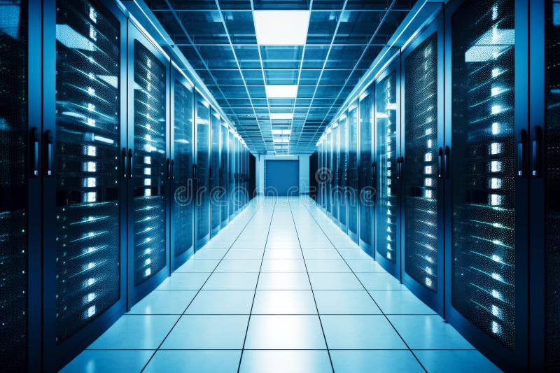 Long Hallway with Rows of Servers in Data Center with Blue Lighting ...