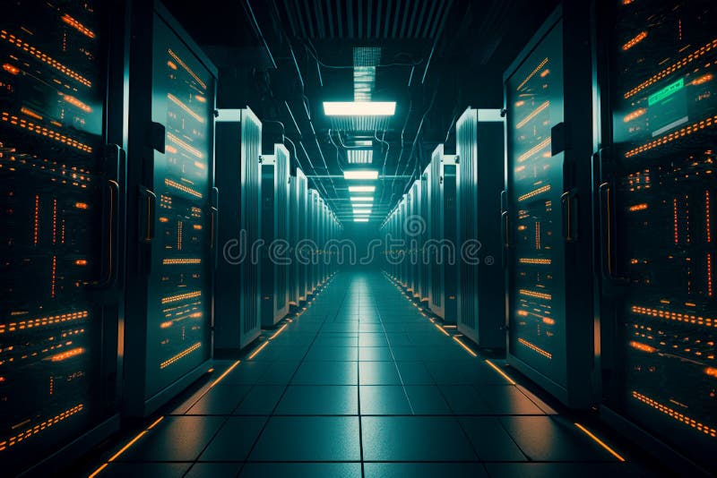 Long Hallway with Rows of Servers in a Data Center. Generative AI Stock ...