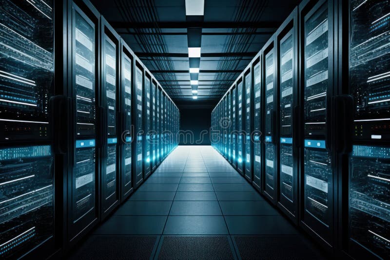Long Hallway with Rows of Servers in a Data Center. Generative AI Stock ...