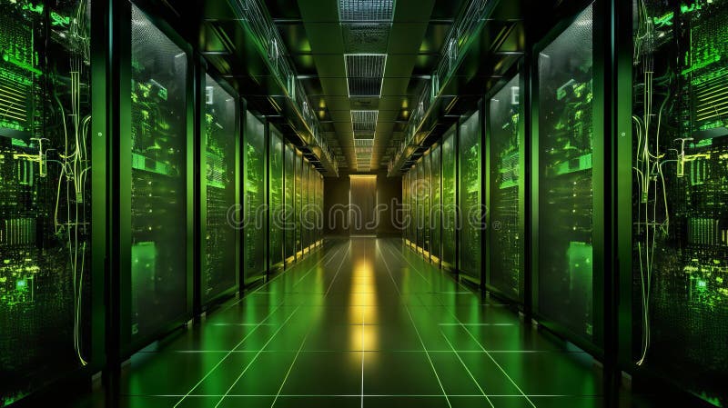 A Long Hallway in a Server Room with Green Lights Stock Illustration ...