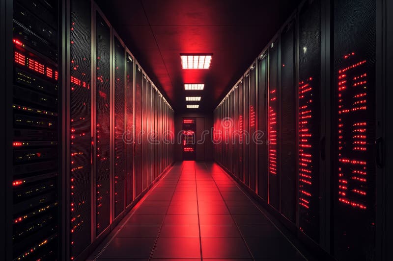 A Long Hallway in a Server Room with Red Lights Stock Image - Image of ...