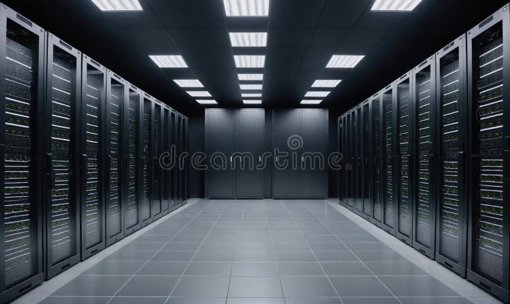 A Long Hallway in a Server Room with Rows of Black Server Racks Stock ...