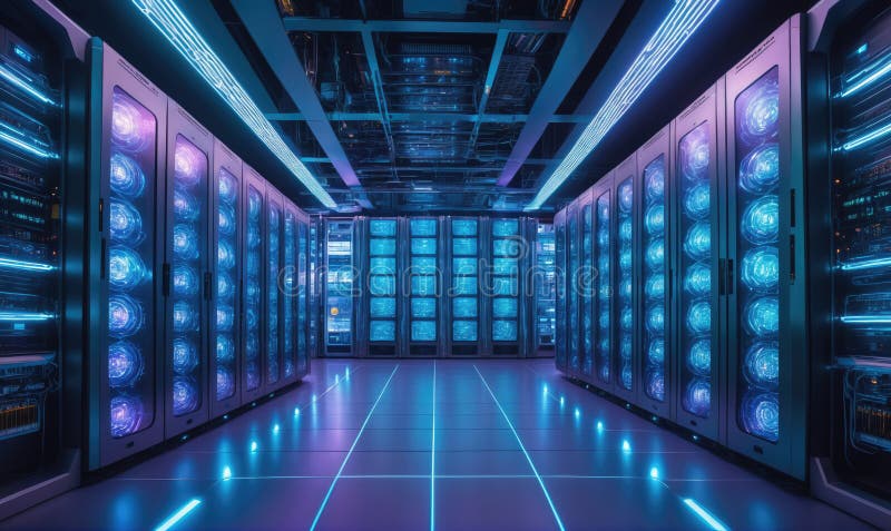 A Long Hallway in a Server Room with Rows of Servers Lit with Blue and ...