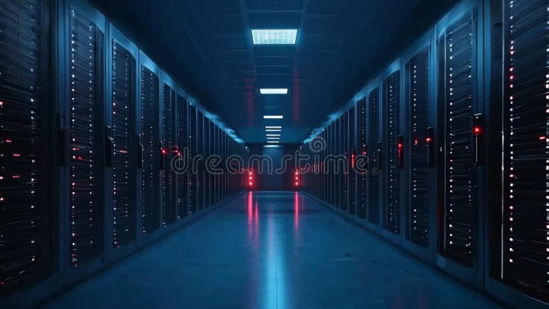A Long Hallway in a Server Room with Rows of Servers Stock Footage ...
