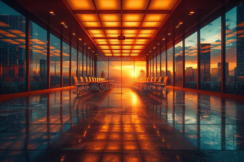 Long Hallway with Symmetrical Windows, Sunset Reflections on Metal ...