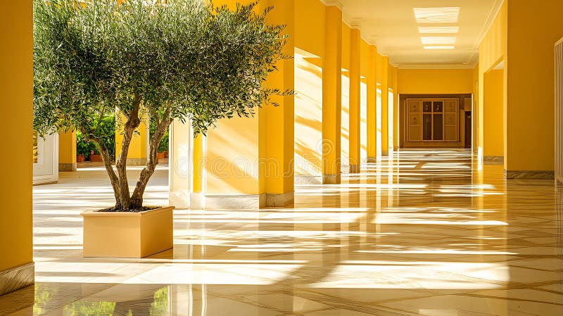 A Long Hallway with a Tree in a Planter Stock Illustration ...