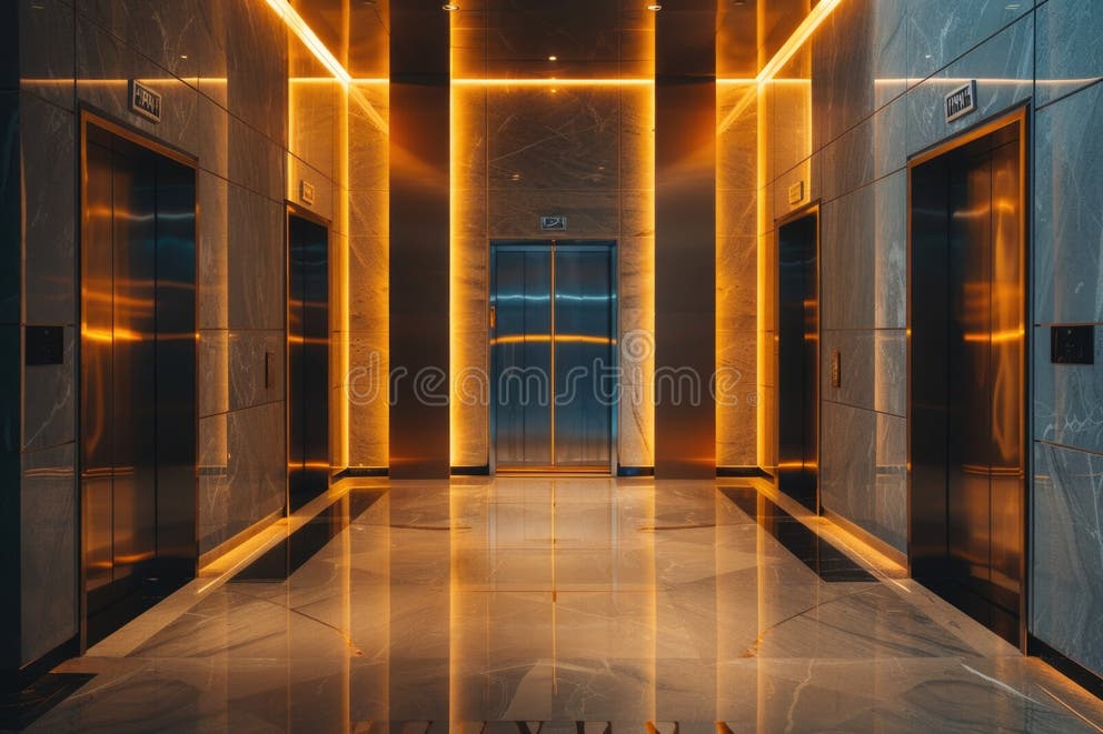 A Long Hallway with Two Elevators and a Clock on the Wall, Suitable for ...