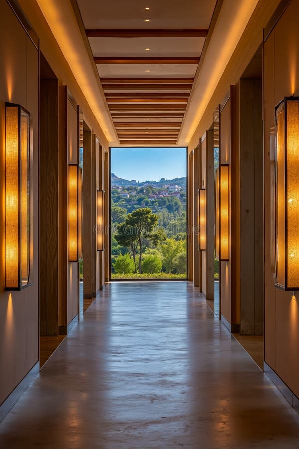 A Long Hallway with a View of the Mountains and Trees Stock Image ...