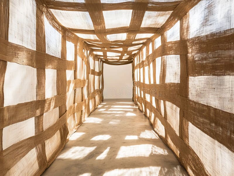 A Long Hallway with a Long Wall Covered in Brown and White Fabric Stock ...