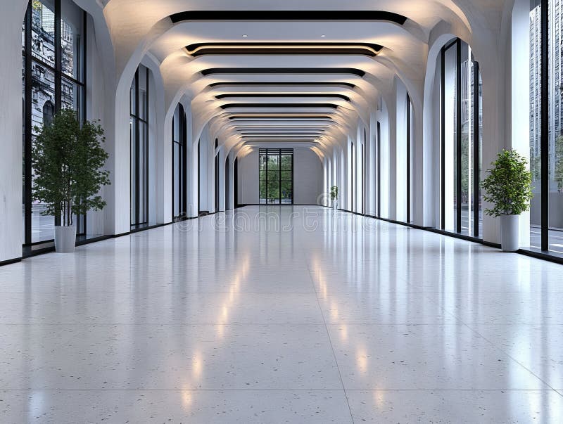 A Long Hallway with White Floors and Large Windows Stock Image - Image ...