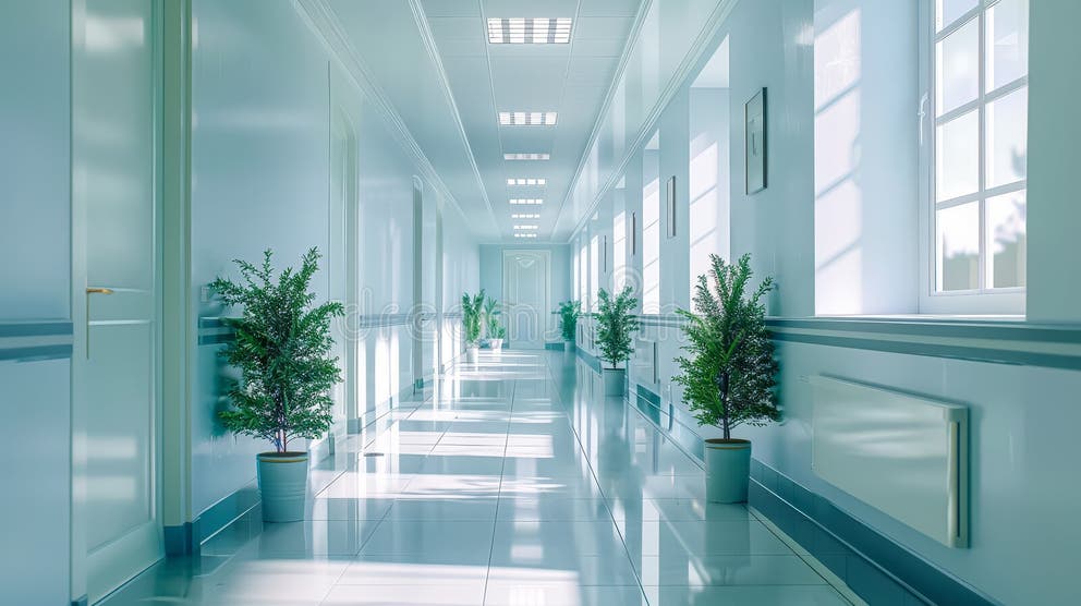 Long Hallway with a White Wall and a Green Plant in a Pot Stock Photo ...