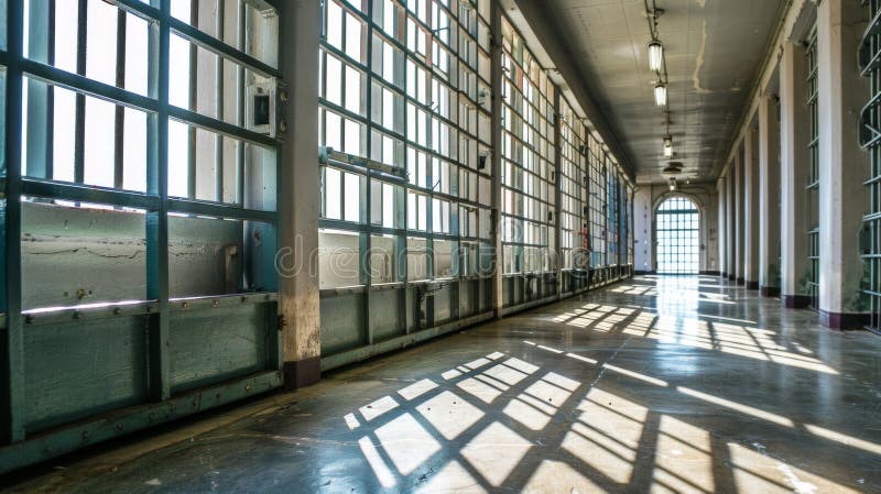 Long Hallway with Windows and Bars Stock Image - Image of sunlight ...