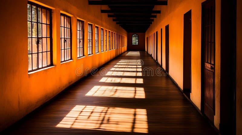 Long Hallway with Windows and Doors Casting Shadows on the Floor ...