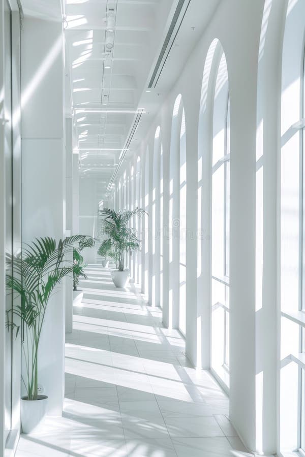 A Long Hallway with a Bench in the Middle Stock Image - Image of urban ...