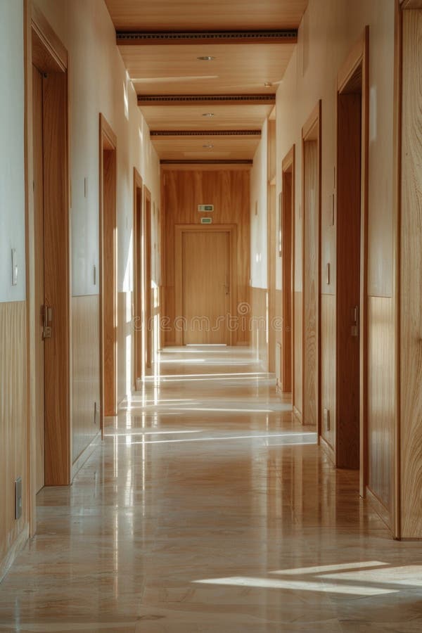 A Long Hallway with Wood Paneling and Multiple Doors. Suitable for Real ...
