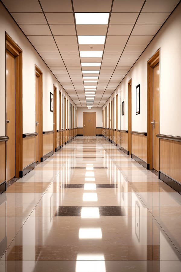 A Long Hallway with Wooden Doors and White Walls Stock Illustration ...