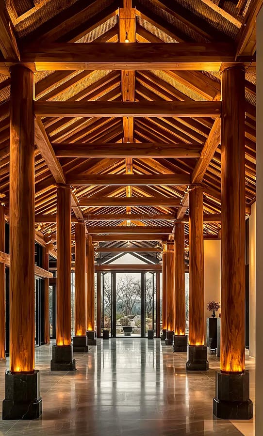A Long Hallway with Wooden Pillars and a Wooden Ceiling Stock Image ...
