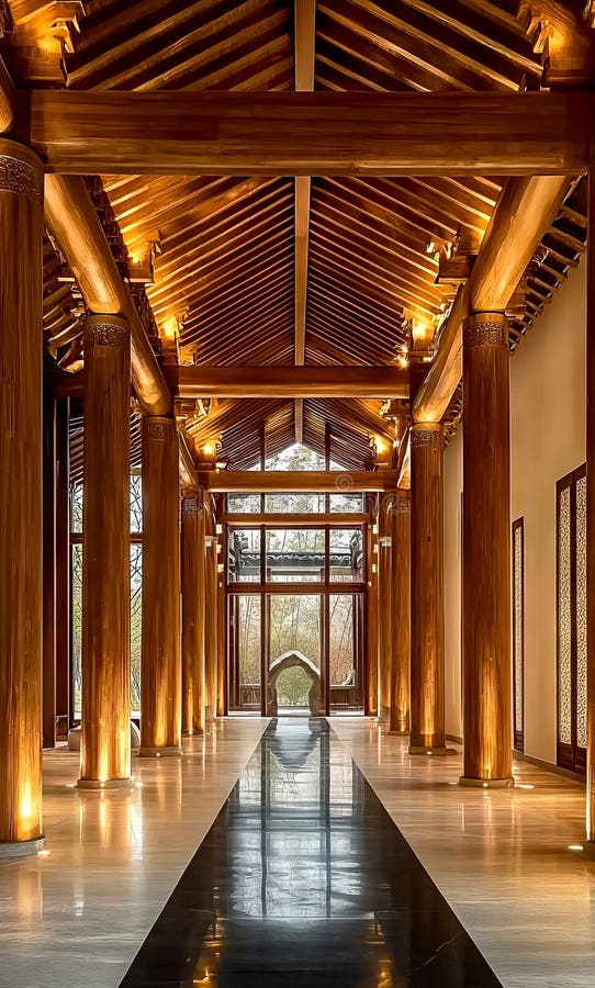 A Long Hallway with Wooden Pillars and a Wooden Ceiling Stock Image ...