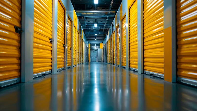 A Long Hallway with Yellow Storage Units Stock Image - Image of ...