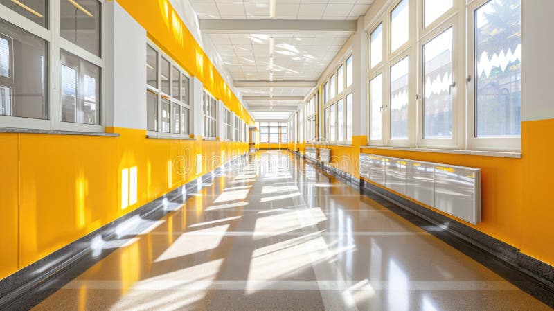 A Long Hallway with Yellow Walls and Windows, Suitable for Interior ...
