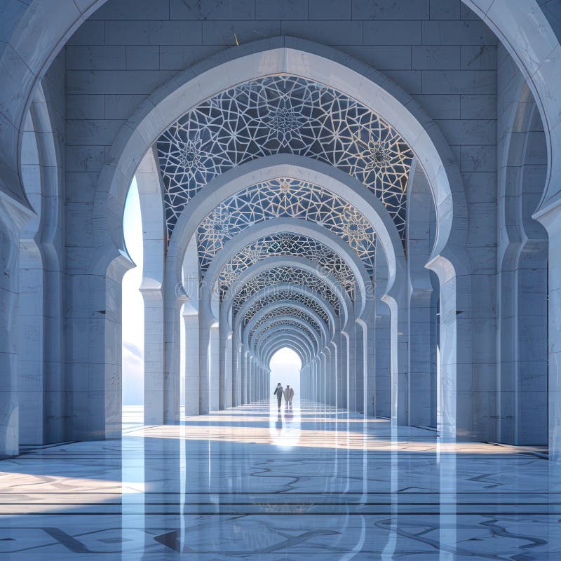 Islamic Mosque Corridor with Arches and Light Shadows, Gradient ...