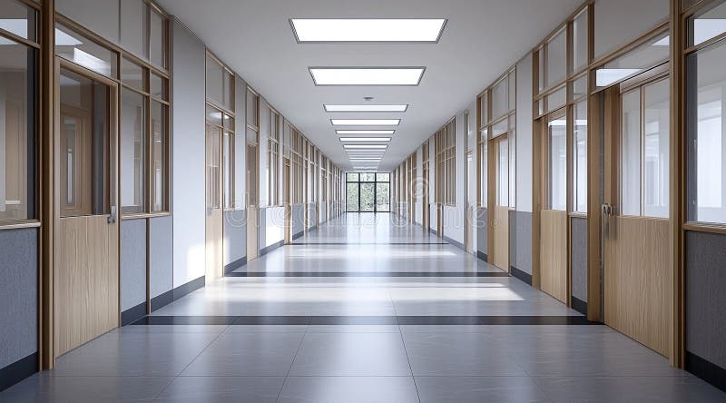 Long High School Hallway with Doors and Natural Light at the End Stock ...