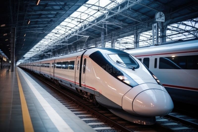 A Long High-speed Train Standing Indoor on the Platform of the Railway ...