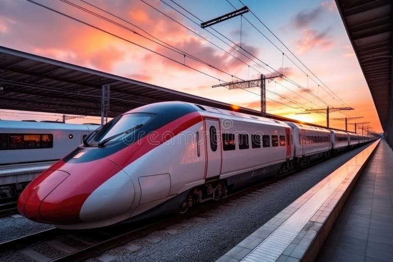 A Long High-speed Train Standing Outdoor on the Platform of the Railway ...