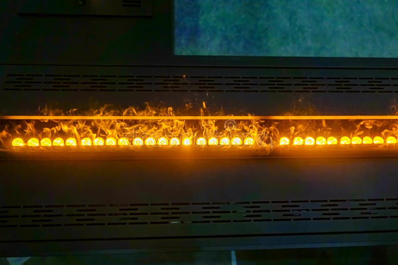 Long Horizontal Fireplace with Flame and Round Induction Heating ...