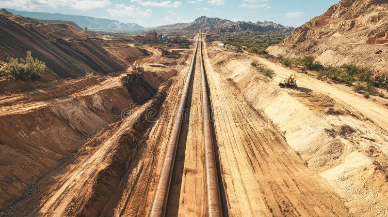 Top View of Oil and Gas Pipeline Being Laid in Open Pit Construction ...
