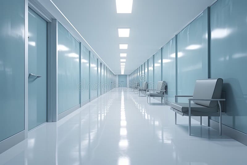 Long Hospital Bright Corridor with Rooms and Blue Seats 3D Rendering ... Long Hospital Bright Corridor with Rooms and Blue Seats 3D Rendering ...