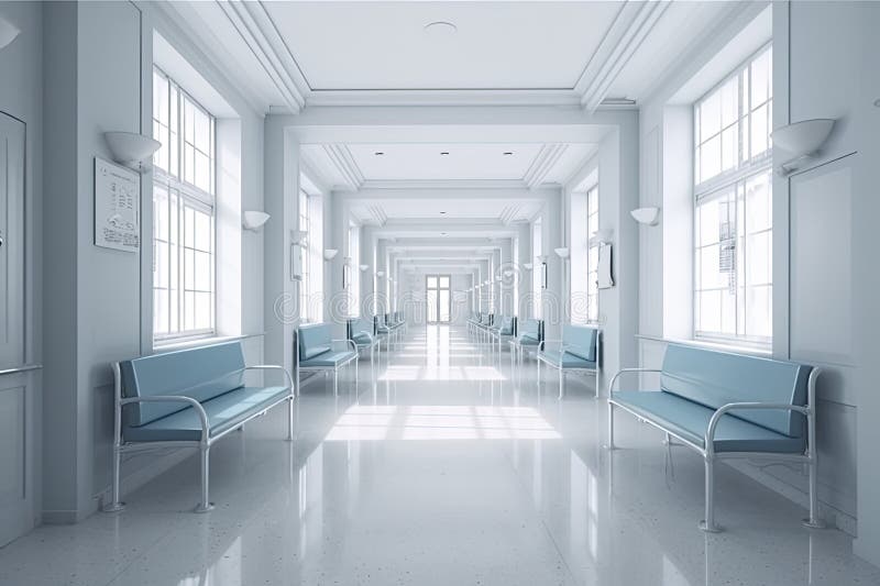 Long Hospital Bright Corridor with Rooms and Blue Seats 3D Rendering ... Long Hospital Bright Corridor with Rooms and Blue Seats 3D Rendering ...