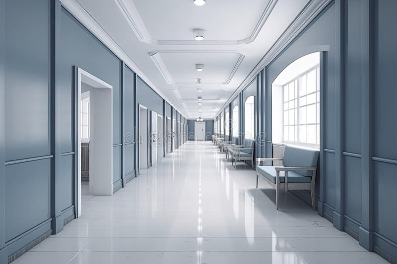 Long Hospital Bright Corridor with Rooms and Blue Seats 3D Rendering ... Long Hospital Bright Corridor with Rooms and Blue Seats 3D Rendering ...