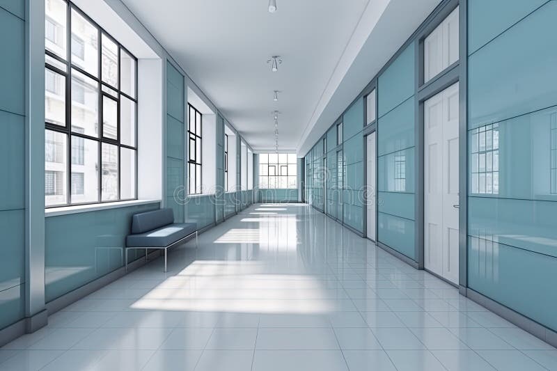 Long Hospital Bright Corridor with Rooms and Blue Seats 3D Rendering ... Long Hospital Bright Corridor with Rooms and Blue Seats 3D Rendering ...