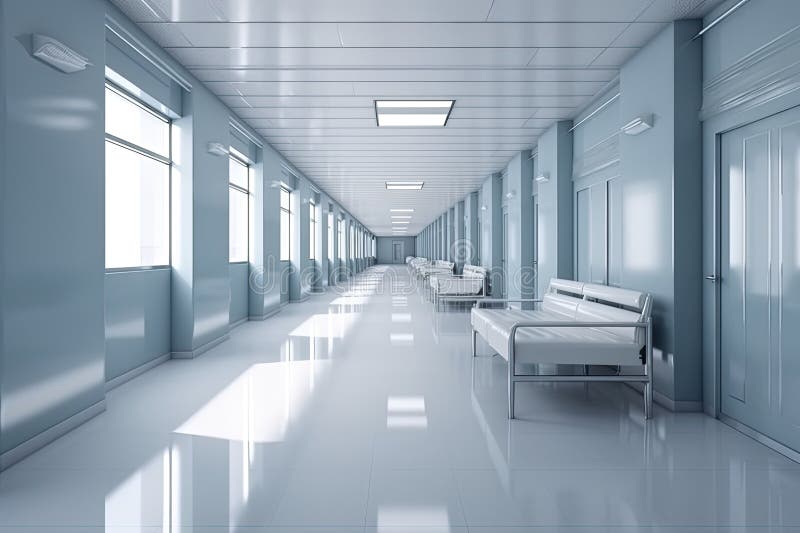 Long Hospital Bright Corridor with Rooms and Blue Seats 3D Rendering ... Long Hospital Bright Corridor with Rooms and Blue Seats 3D Rendering ...