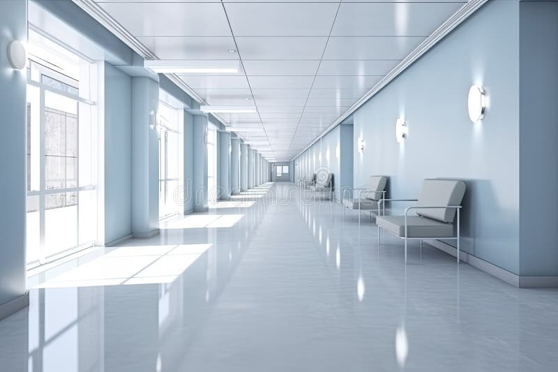 Long Hospital Bright Corridor with Rooms and Blue Seats 3D Rendering ... Long Hospital Bright Corridor with Rooms and Blue Seats 3D Rendering ...