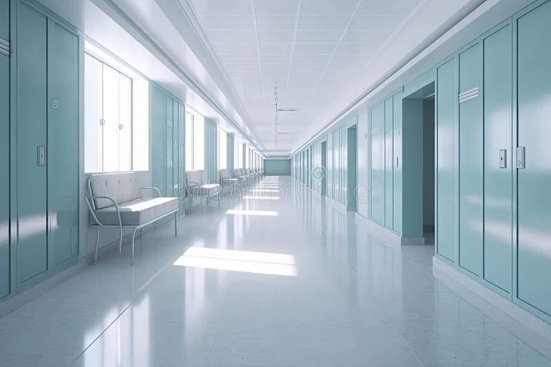 Long Hospital Bright Corridor with Rooms and Blue Seats 3D Rendering ... Long Hospital Bright Corridor with Rooms and Blue Seats 3D Rendering ...