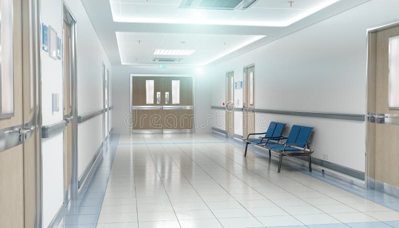 Long Hospital Bright Corridor with Rooms and Seats 3D Rendering Stock ...