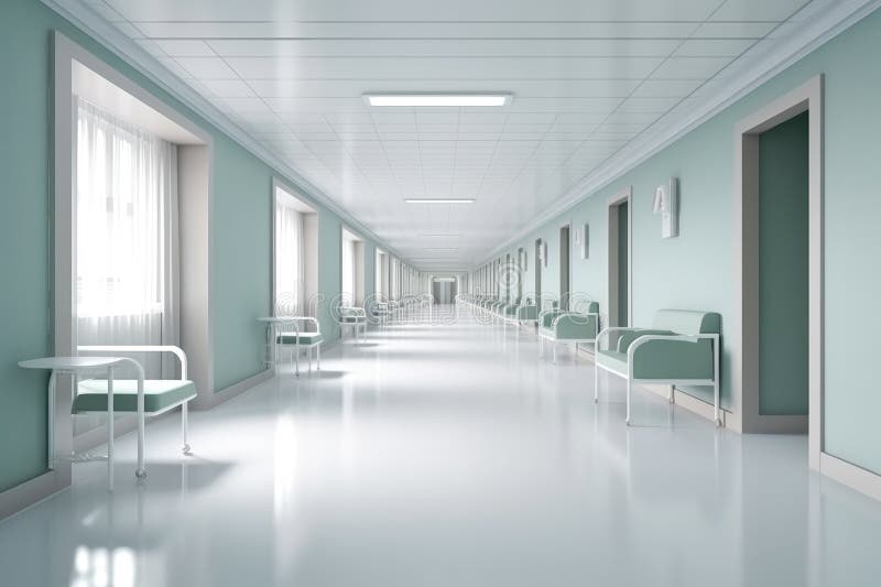 Long Hospital Bright Corridor with Rooms and Seats Stock Illustration ...
