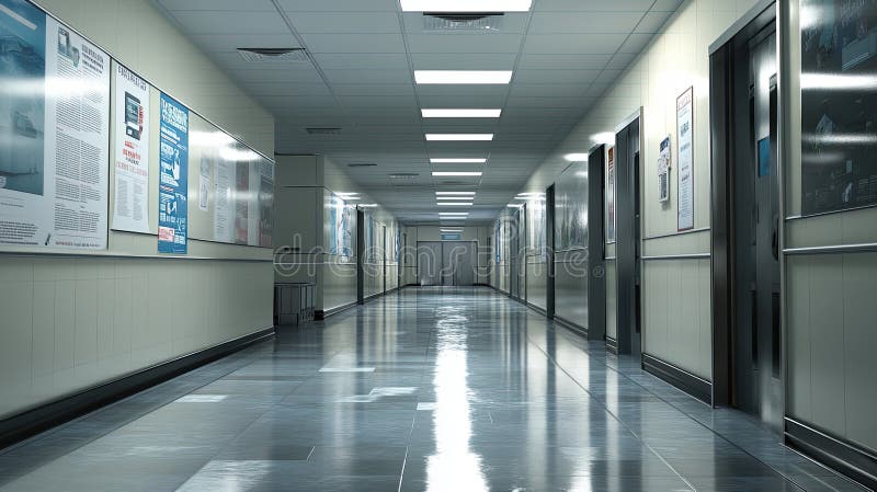 Long Hospital Corridor. Medical Facility Interior. Sterile Environment ...