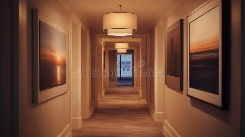 Long Hotel Hallway with Warm Lighting and Landscape Artwork Stock ...