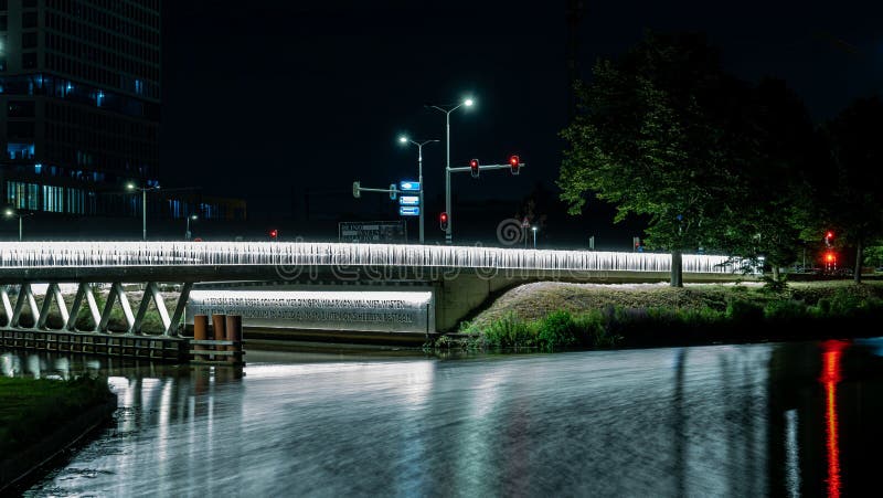 Long Illuminated Bridge in the Netherlands at Night Editorial Stock ...