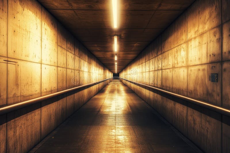 Long Illuminated Corridor with Concrete Walls Leading To a Distant ...