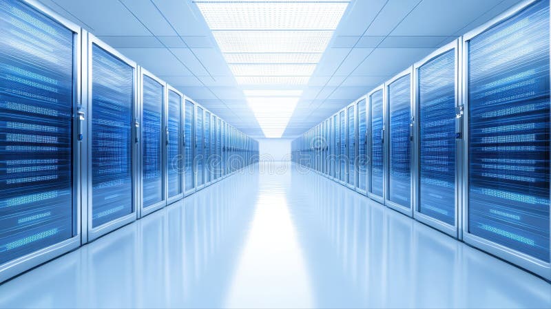 A Long Illuminated Corridor in a Data Center Presents Rows of Server ...