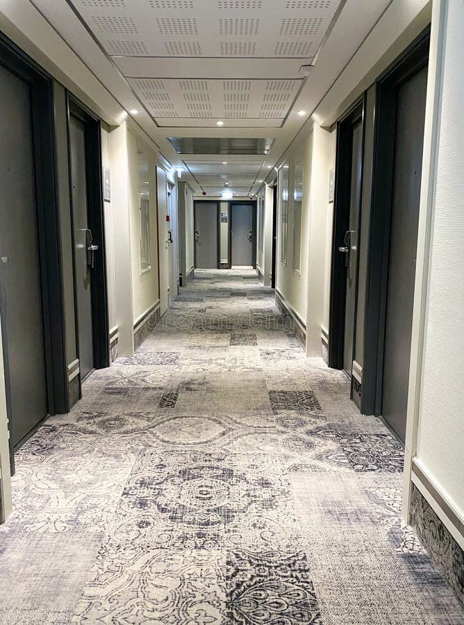 Long Illuminated Corridor in Hotel, Hotel Corridor Interior Stock Photo ...