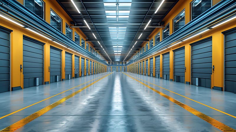 Long Industrial Warehouse Interior with Gray Doors and Yellow Frames ...