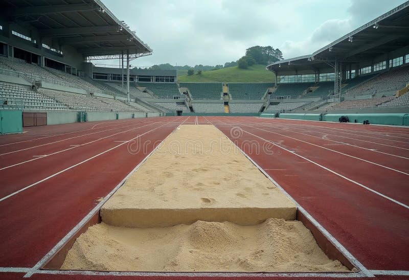 Long Jump Pit in an Empty Athletic Stadium Under a Cloudy Sky ...