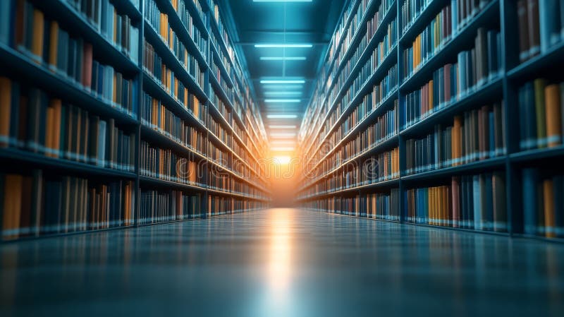 Long Library Aisle with Dramatic Lighting and Bookshelves Stock ...