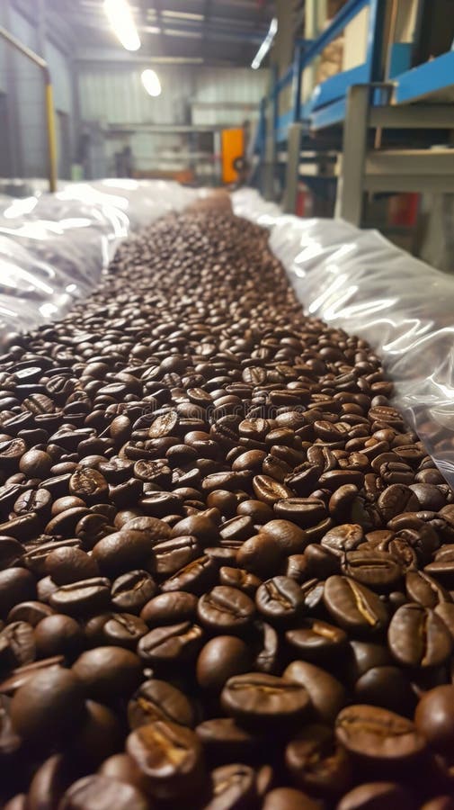 A Long Line of Coffee Beans on a Table in Front of an Assembly Area, AI ...