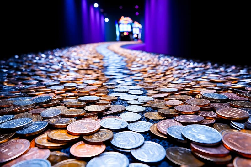 A Long Line of Coins on a Stage with a Stage in the Background Stock ...